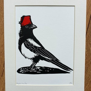 Magpie in Fez - Handmade Linocut Bird Art Print - Etsy
