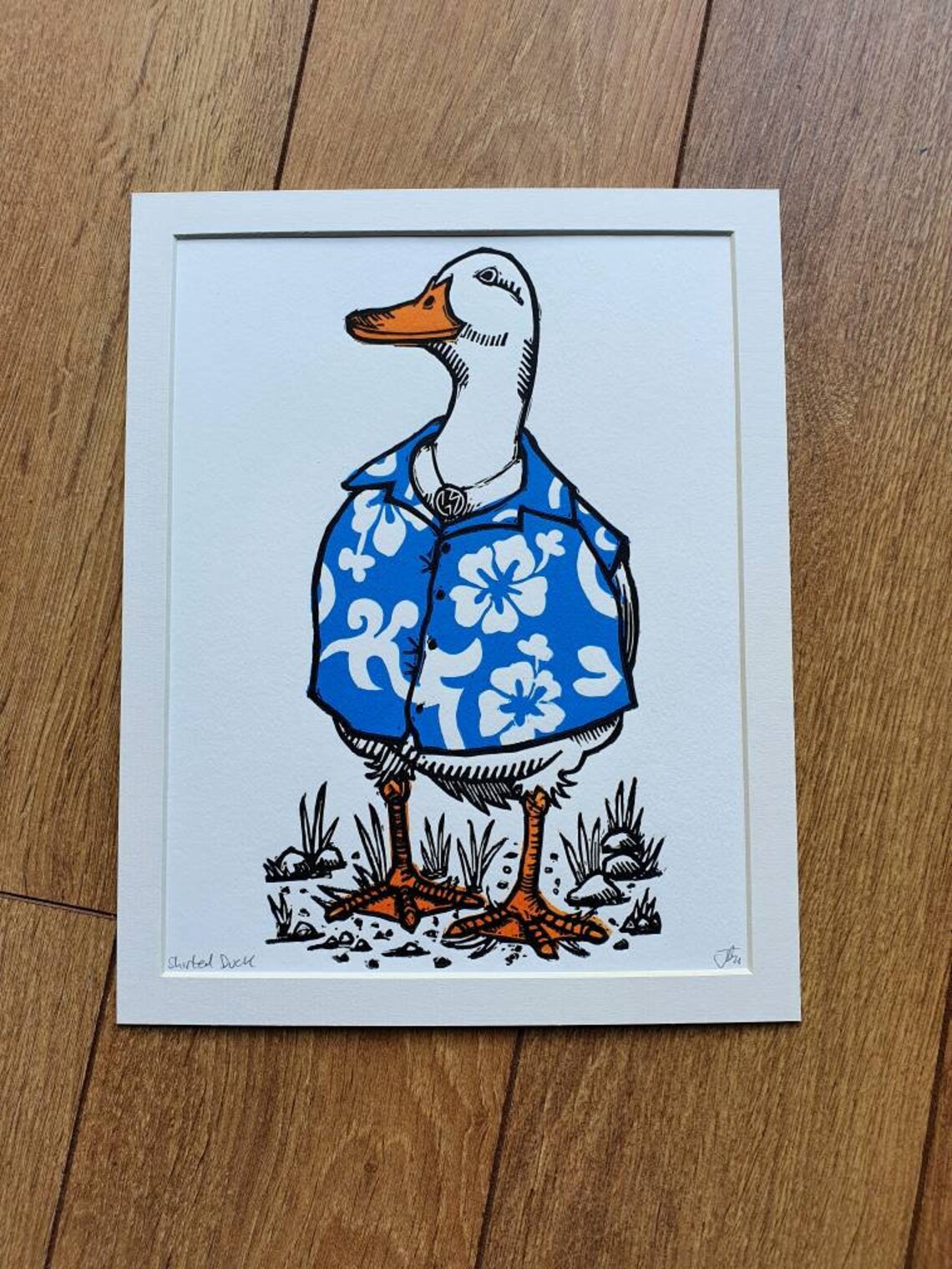 Hawaiian shirted duck original handmade linocut art bird | Etsy