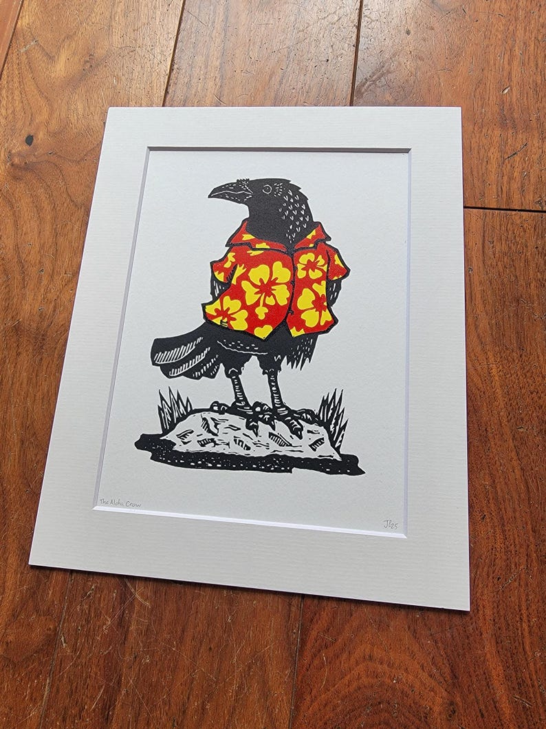 The Aloha Crow - Handmade Linocut Bird Art Print - Etsy
