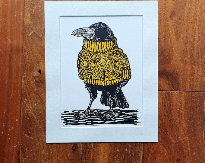 Crow Wearing a Mustard Yellow Jumper Handmade Linocut Bird Art Print - Etsy