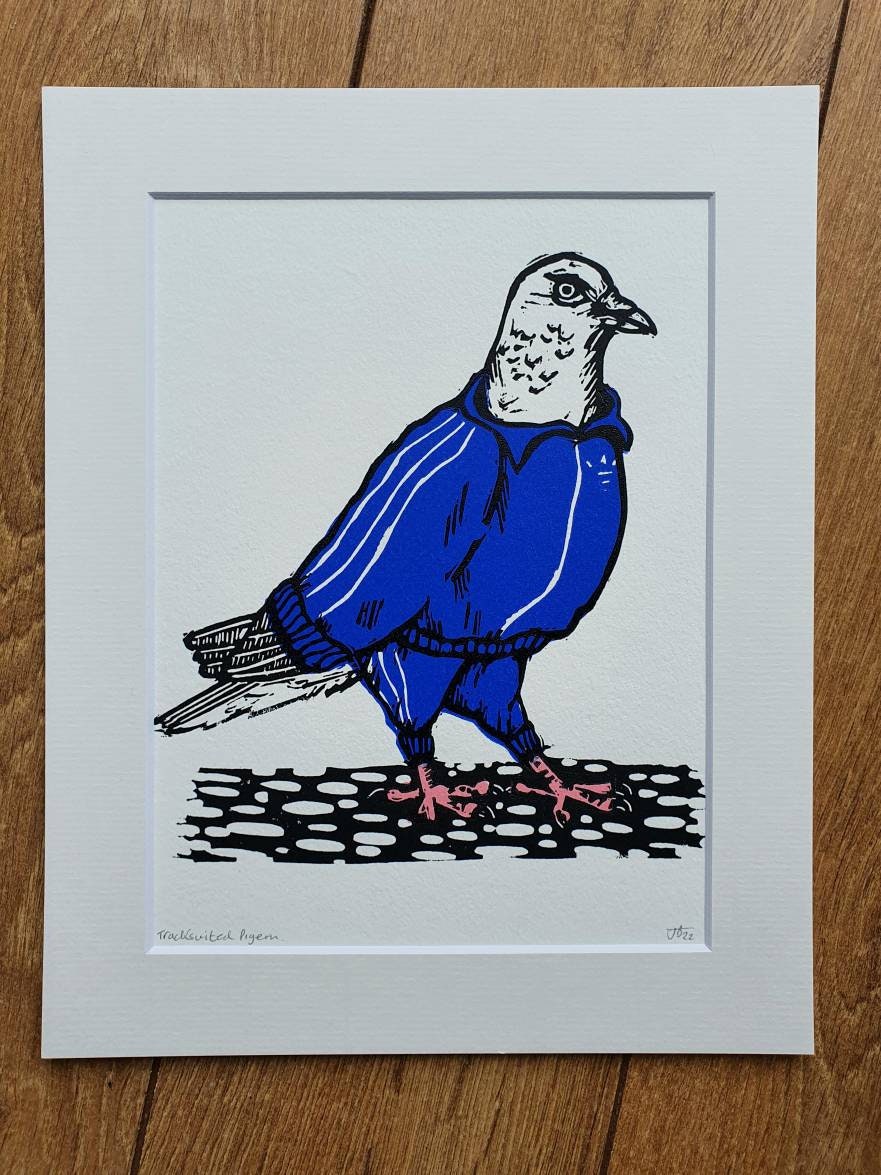 Art & Collectibles Tracksuited Pigeon original linocut bird art print ...