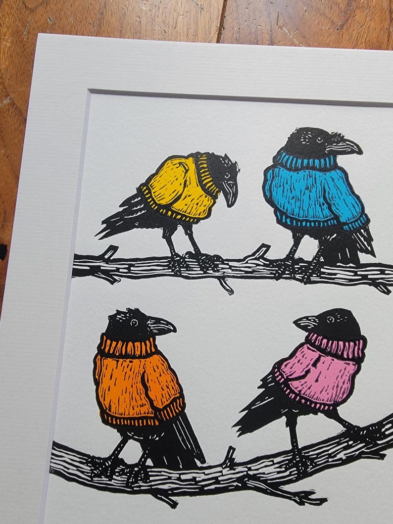 Four Bejumpered Crows - Handmade Linocut Bird Art Print - Etsy UK