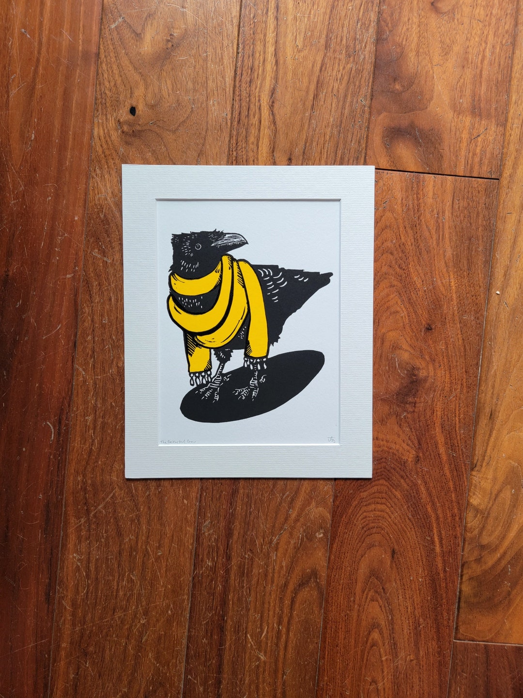 Crow Wearing a Big Scarf - Original Handmade Linocut Art Bird Print - Etsy