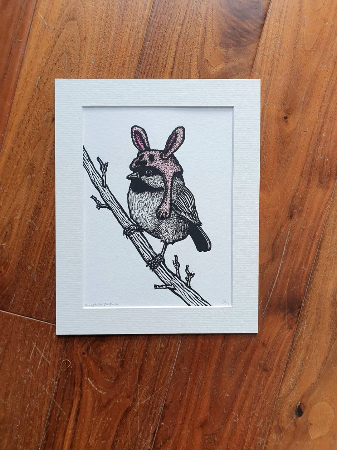 Rabbit Hatted Chickadee in Pink Handmade Linocut Bird Art Print - Etsy