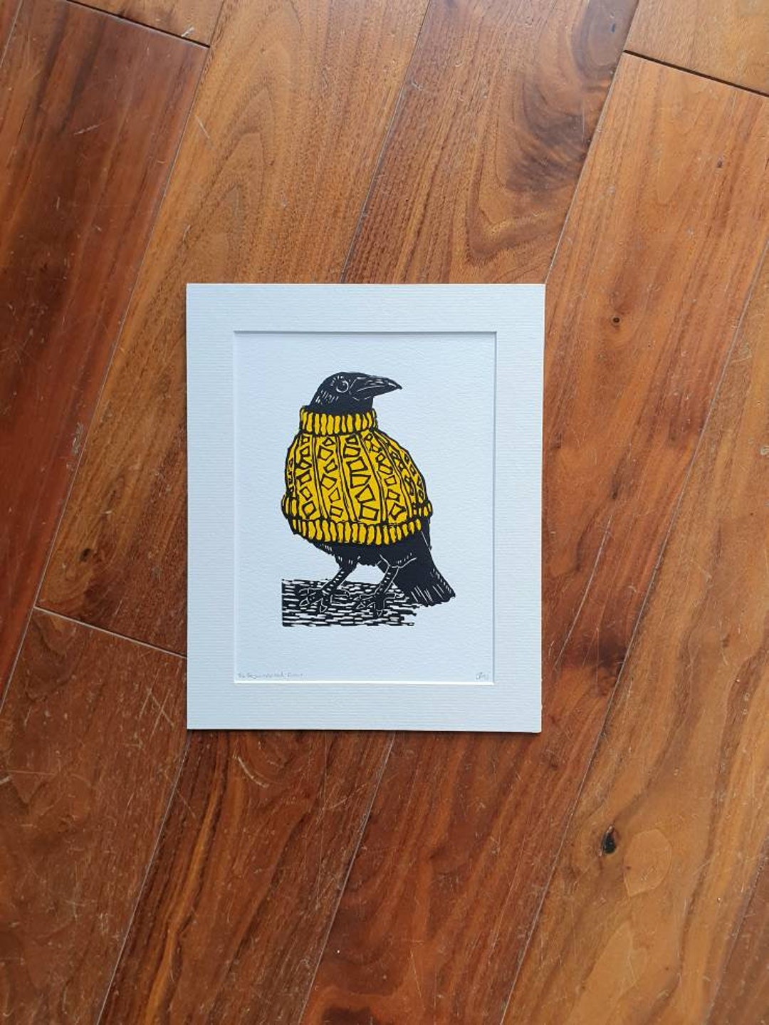 Crow Wearing a Mustard Yellow Jumper - Handmade Linocut Bird Art Print ...