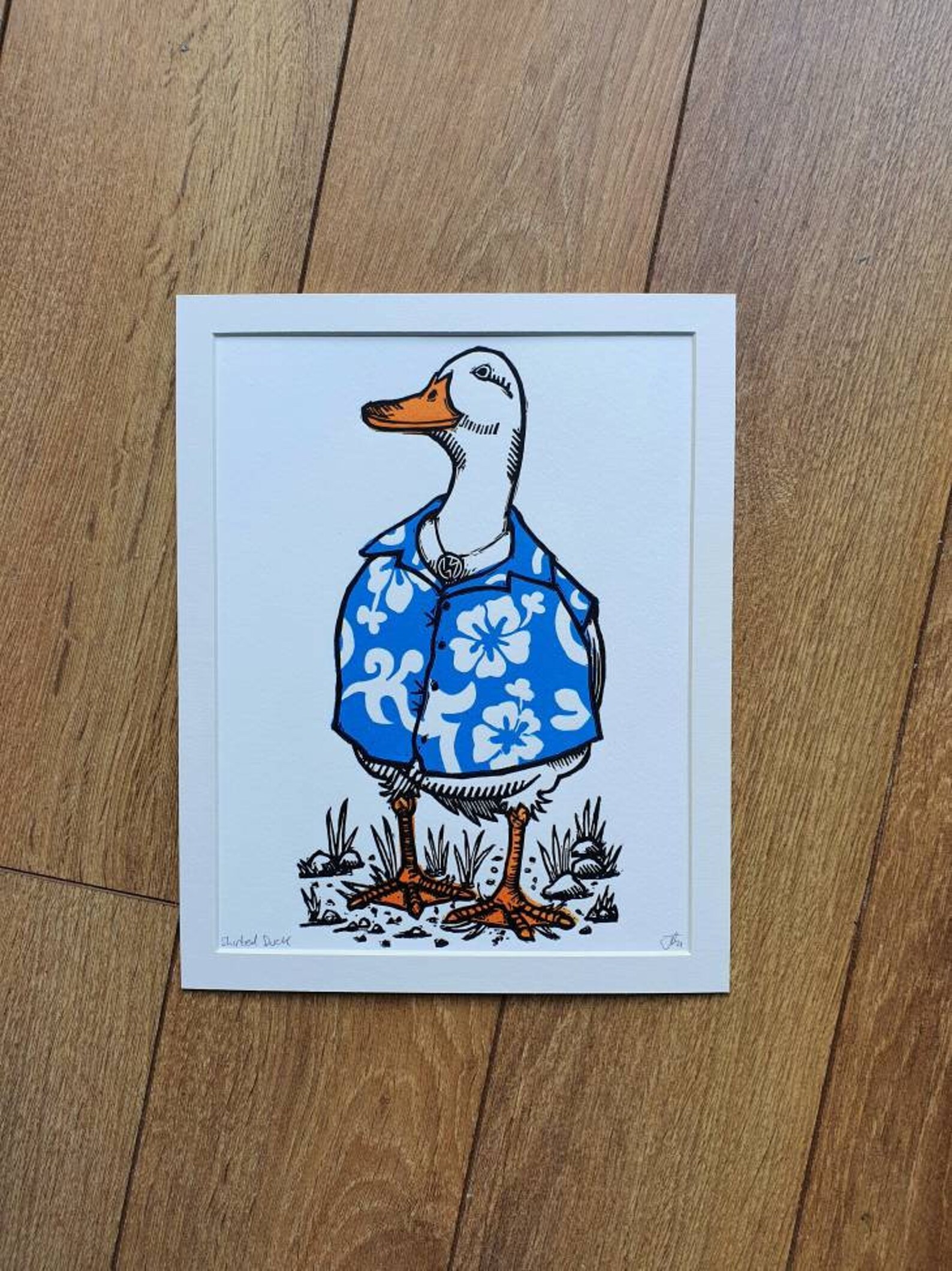 Hawaiian shirted duck original handmade linocut art bird | Etsy