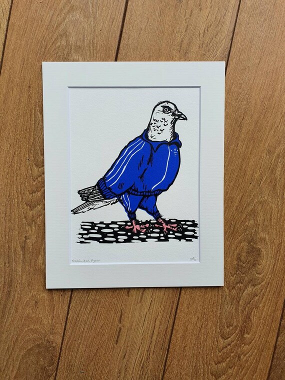 Art & Collectibles Tracksuited Pigeon original linocut bird art print ...