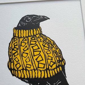 Crow Wearing a Mustard Yellow Jumper - Handmade Linocut Bird Art Print ...