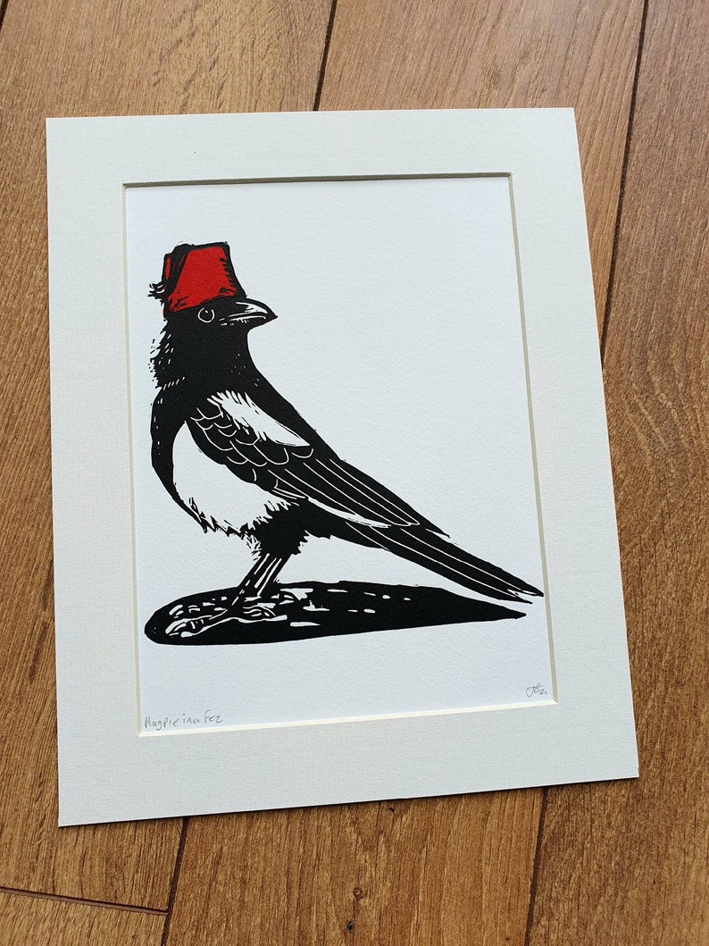 Magpie in Fez - Handmade Linocut Bird Art Print - Etsy
