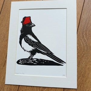 Magpie in Fez - Handmade Linocut Bird Art Print - Etsy