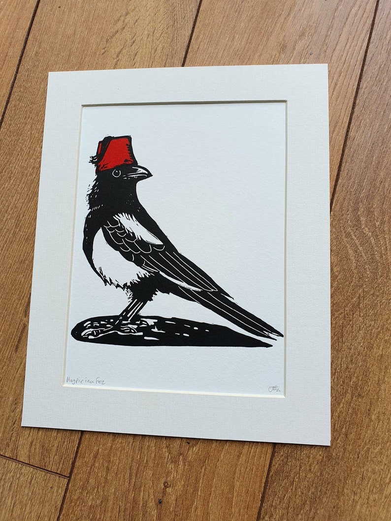 Magpie in Fez - Handmade Linocut Bird Art Print - Etsy