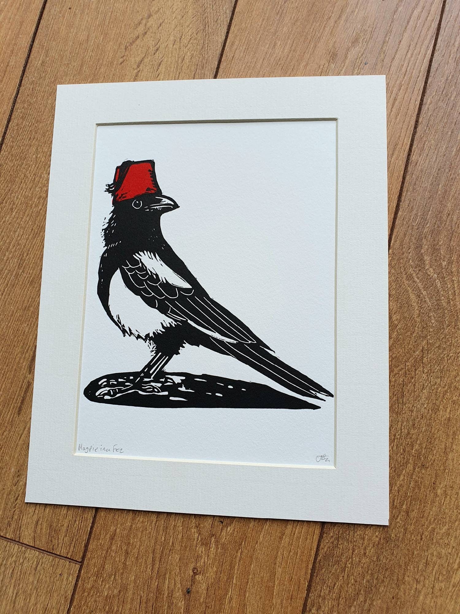 Magpie in Fez Handmade Linocut Bird Art Print | Etsy