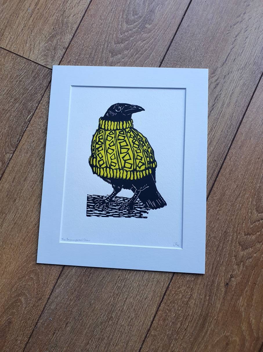 Crow Wearing a Mustard Yellow Jumper Handmade Linocut Bird - Etsy
