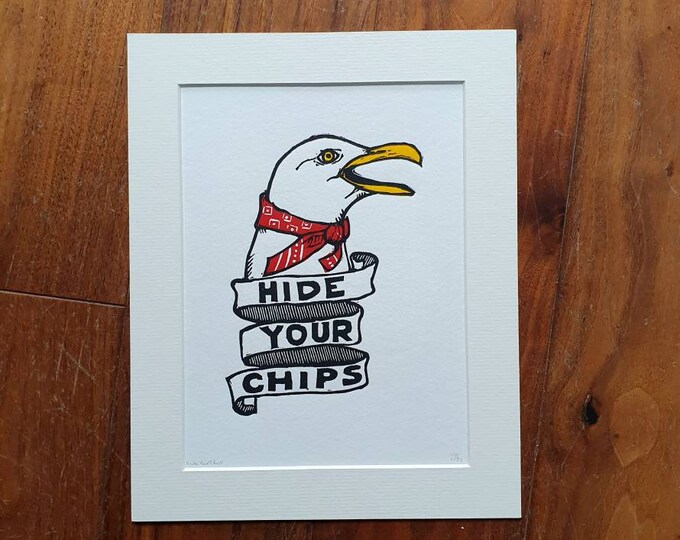 Hide Your Chips Original Handmade Linocut Seagull Bird Art Print - Etsy