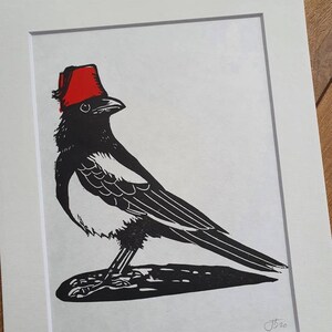 Magpie in Fez handmade linocut bird art print | Etsy