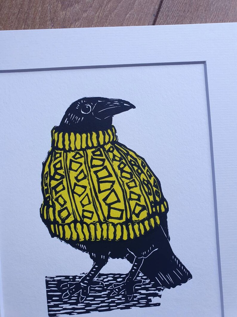 Crow Wearing a Mustard Yellow Jumper Handmade Linocut Bird - Etsy