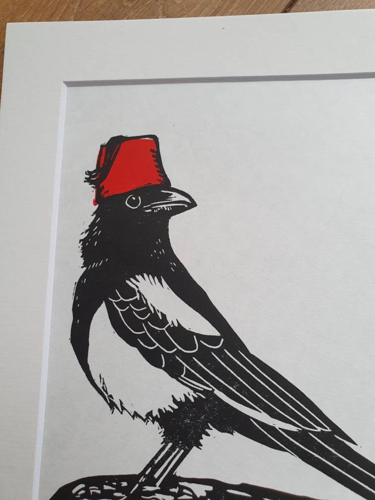 Magpie in Fez handmade linocut bird art print | Etsy
