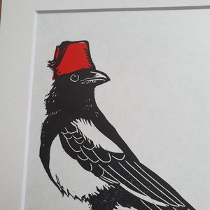 Magpie in Fez handmade linocut bird art print | Etsy