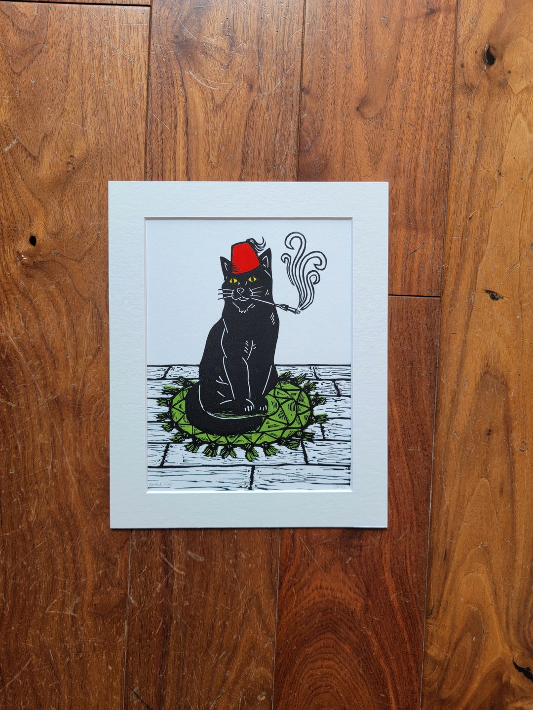 Cat Wearing a Fez - Original Handmade Linocut Art Animal Print - Etsy