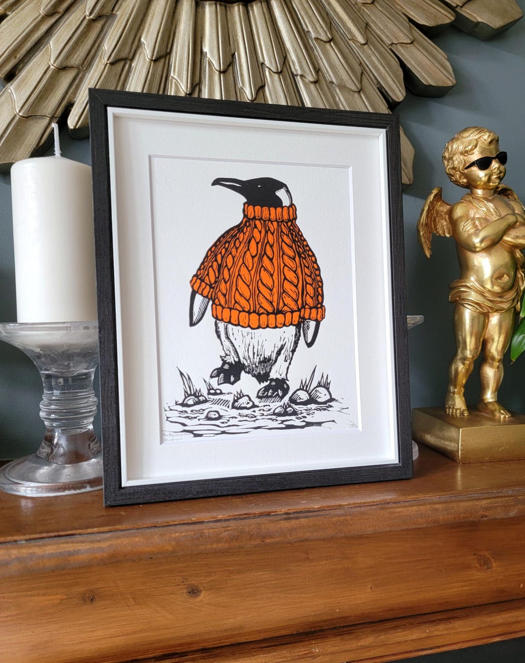 The Bejumpered Penguin - Handmade Linocut Bird Art Print - Etsy