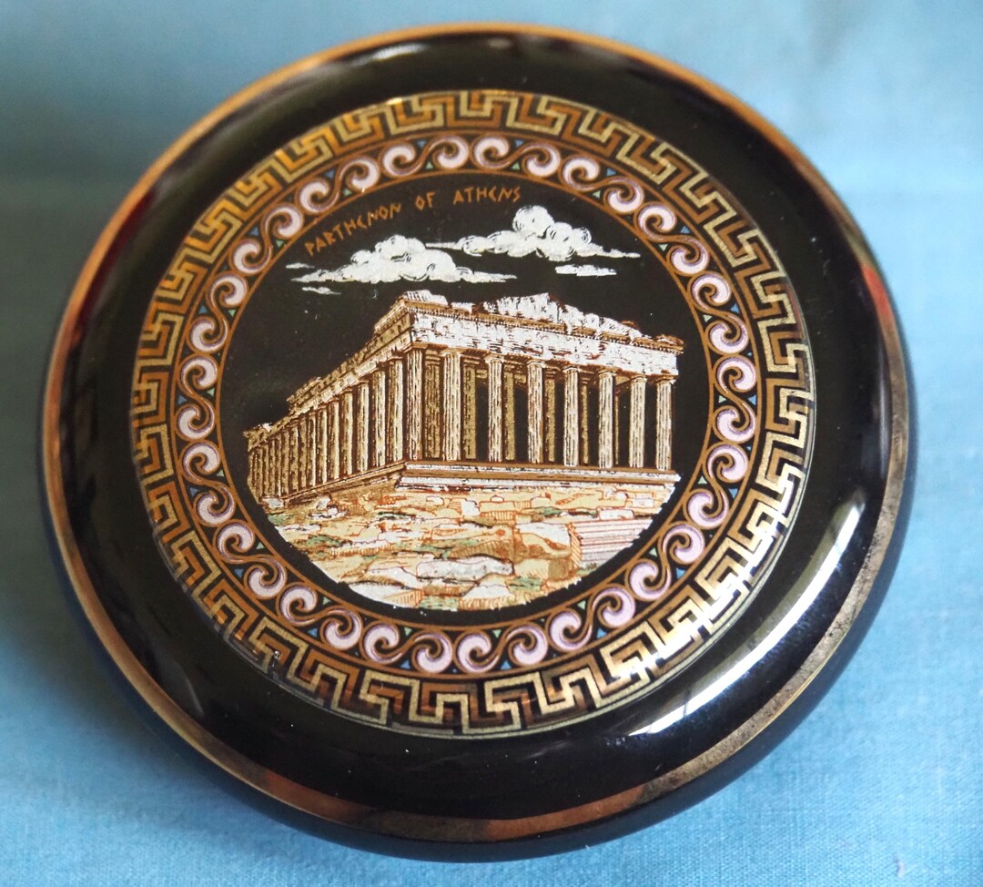 Athens Greece Trinket Box Black 24K Gold Trim Handmade Souvenir ...