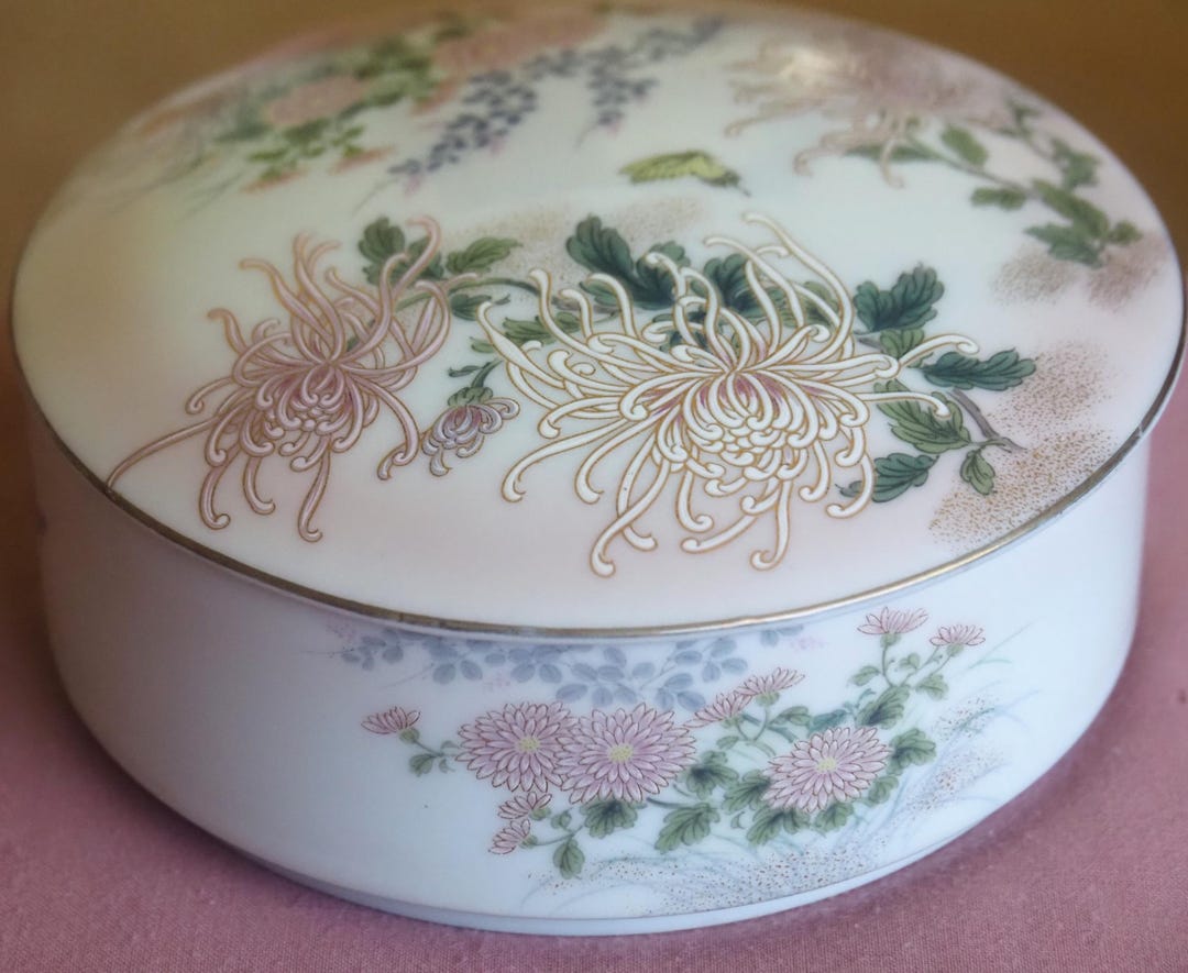 Vintage Shibata Japan Round Lidded Trinket Box Floral Butterflies ...