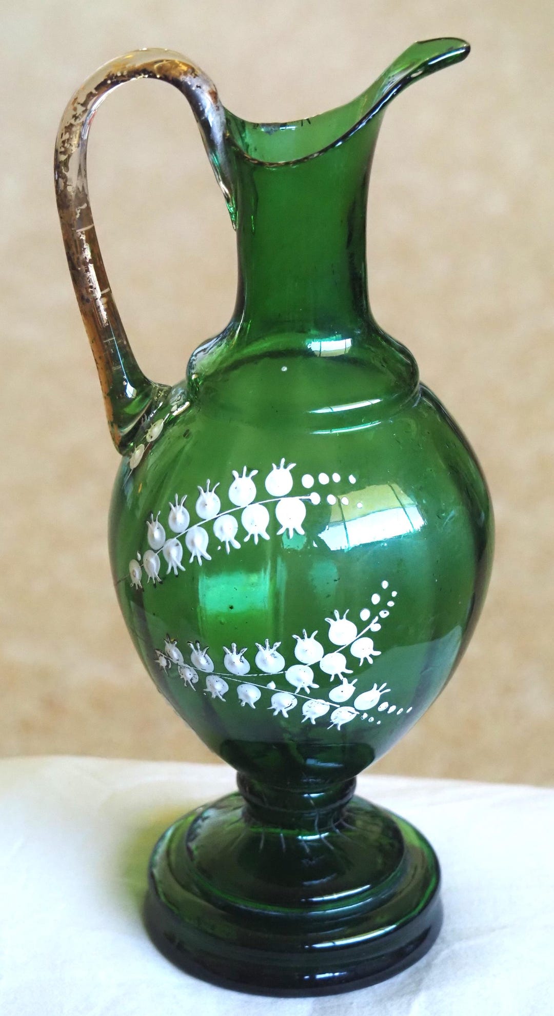 Emerald Green Art Glass Pitcher Vase, Enamel Lily of the Valley Decor ...