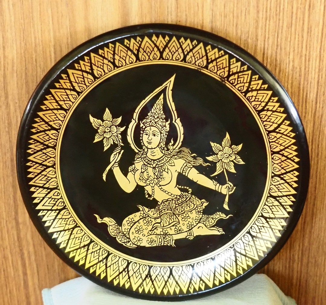 Vintage Hand Made Lacquer Ware Plate Black Gold 6 Thailand Hindu Bali ...