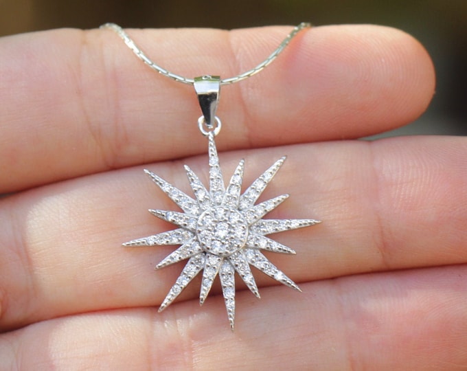 Sun Necklace, Sun Jewelry, Glitter Silver Zircon Sun Pendant, Sunburst ...