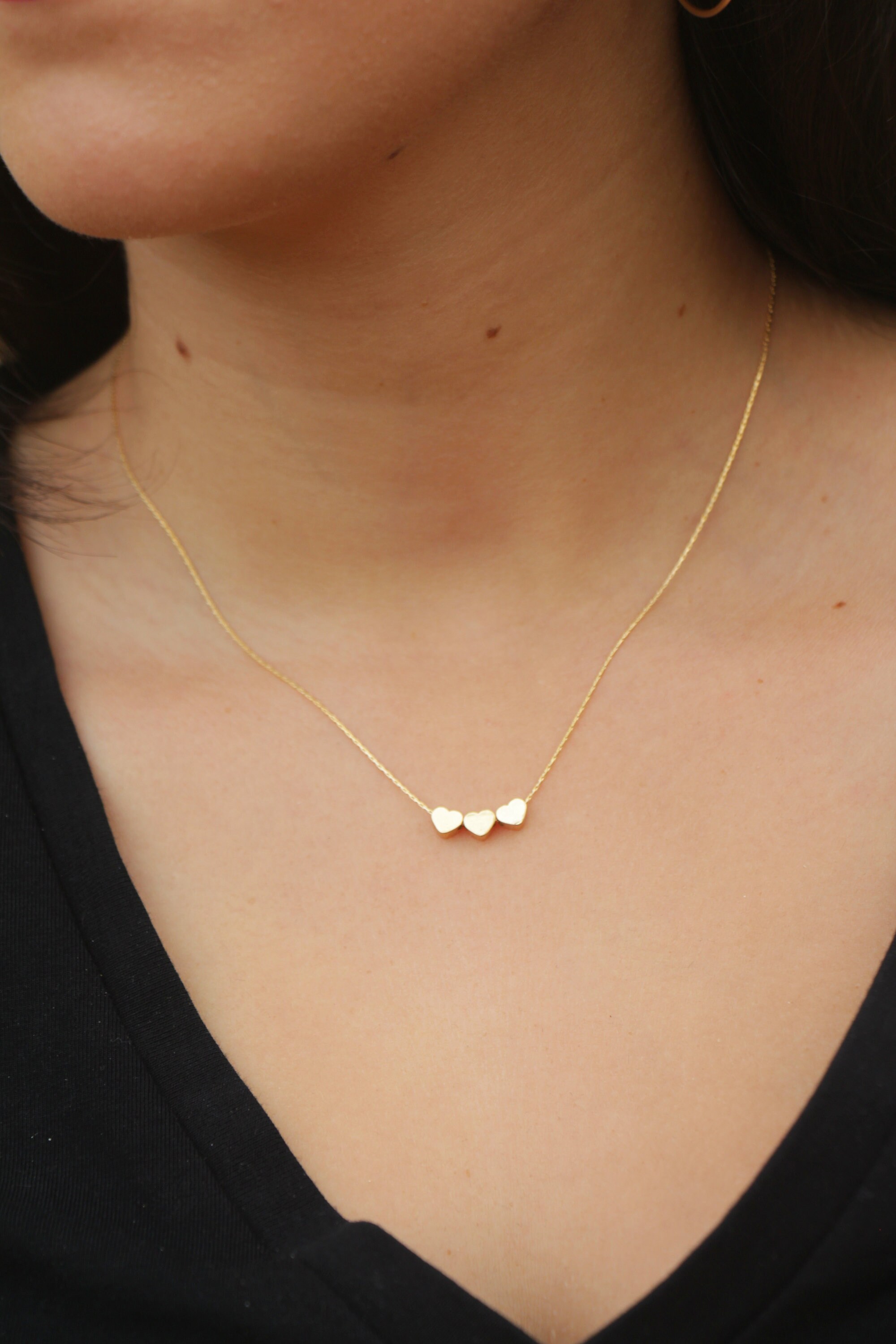 Triple Gold Hearts Necklace 14K Gold filled Chain and 3 Tiny | Etsy