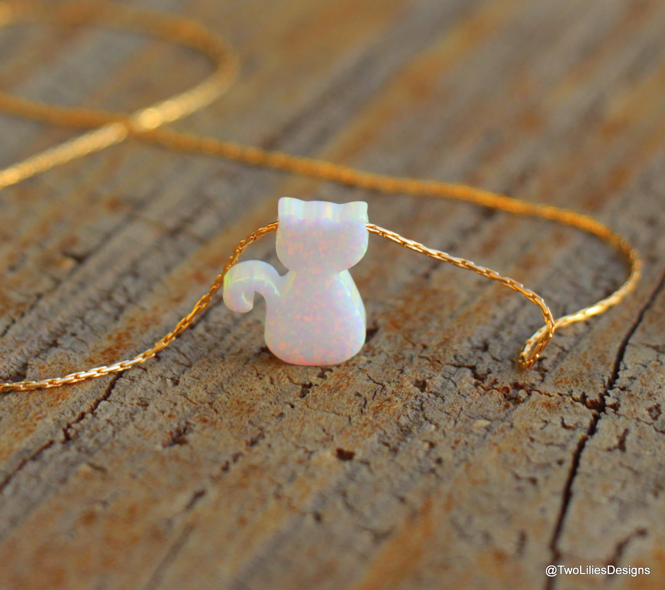 Opal Cat Necklace, White Kitty Opal Charm, Child Opal Jewelry, Cat ...