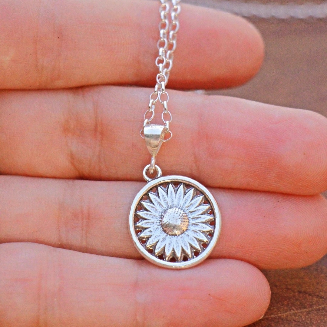 Silver Sunflower Necklace, Sunflower Jewelry, Silver Sunflower Pendant ...