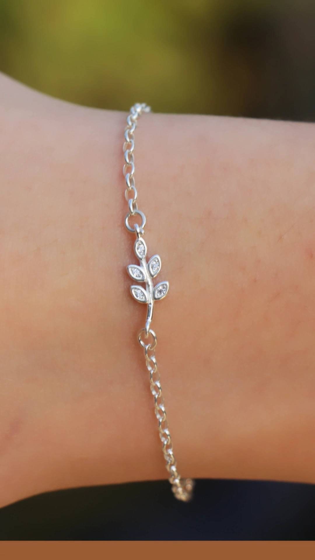 Olive Tree Branch Bracelet, Women Thin Silver Bracelet, Silver Zircon ...