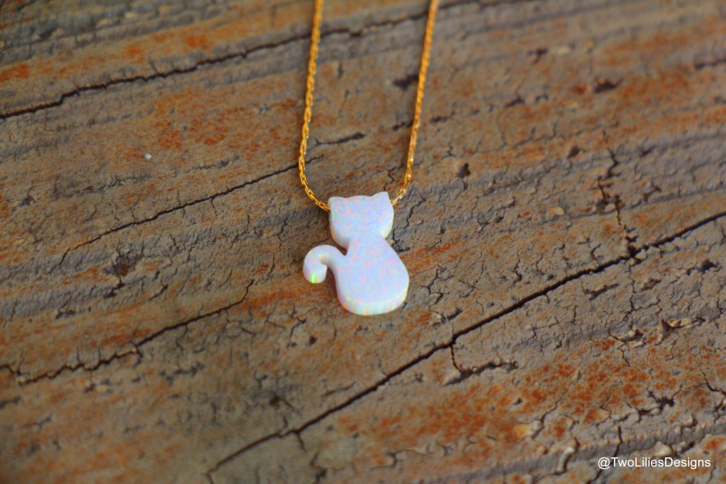Opal Cat Necklace White Kitty Opal Charm Child Opal Jewelry | Etsy