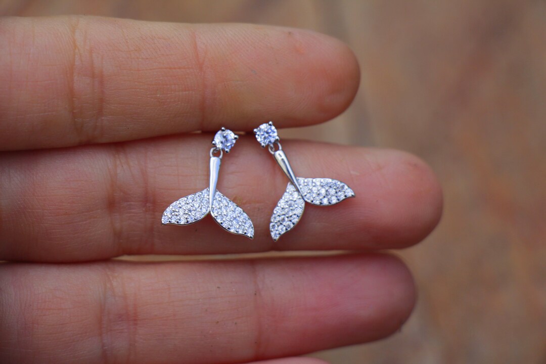 Silver Zircon Mermaid Tail Earrings, Sparkly Women Elegant Dangle ...