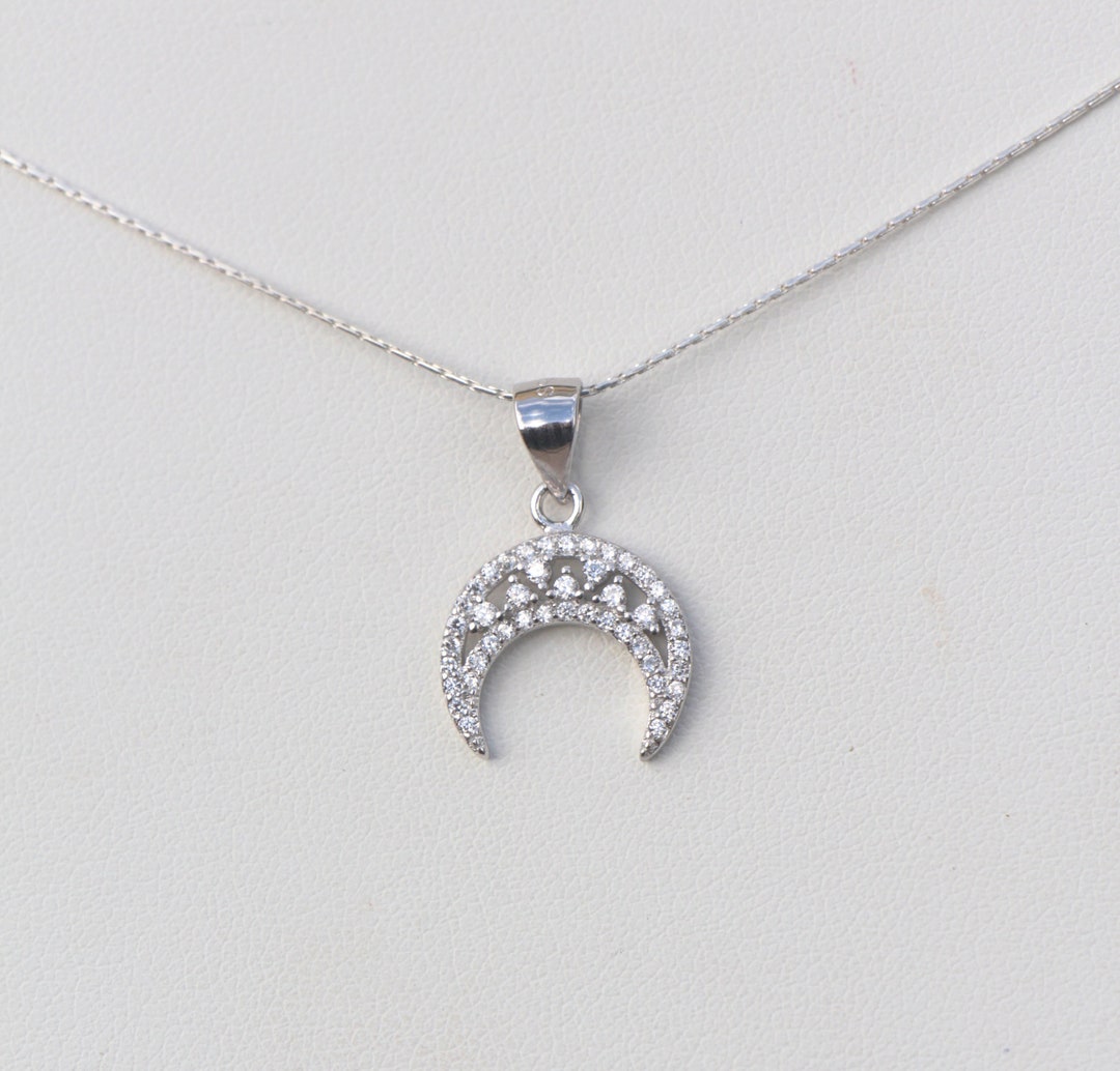 Collar de luna de plata, joyería colgante de cuerno de circón de plata ...