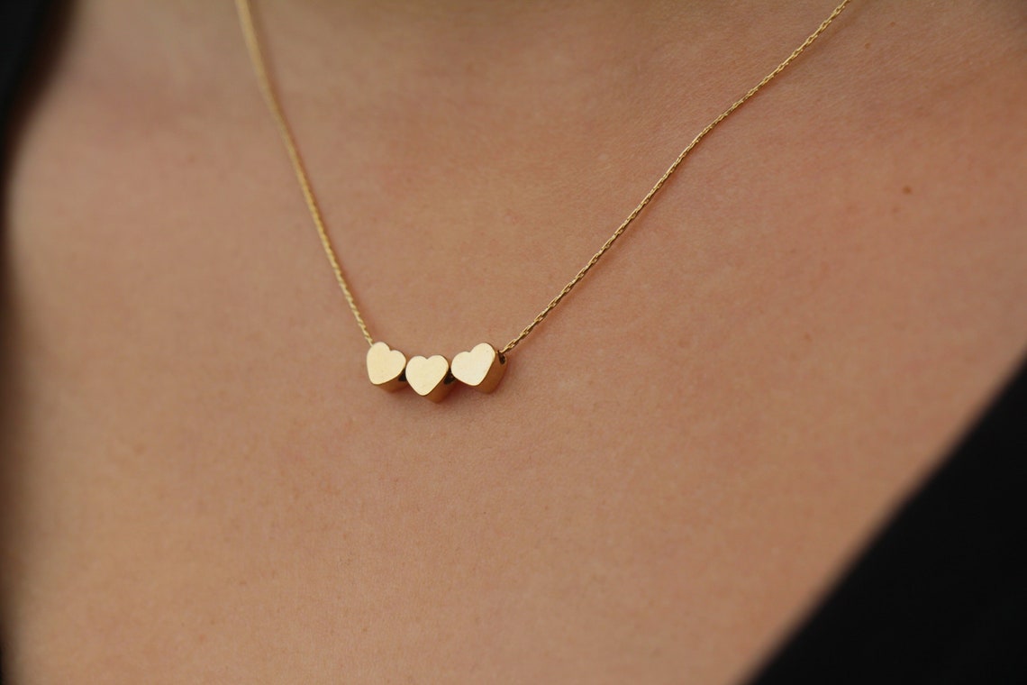 Triple Gold Hearts Necklace 14K Gold filled Chain and 3 Tiny | Etsy