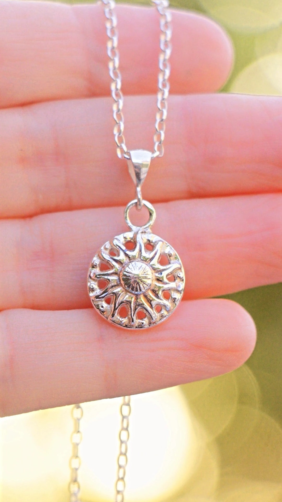 Silver Sun Necklace, Silver Sunburst Necklace, Sun Pendant Necklace ...