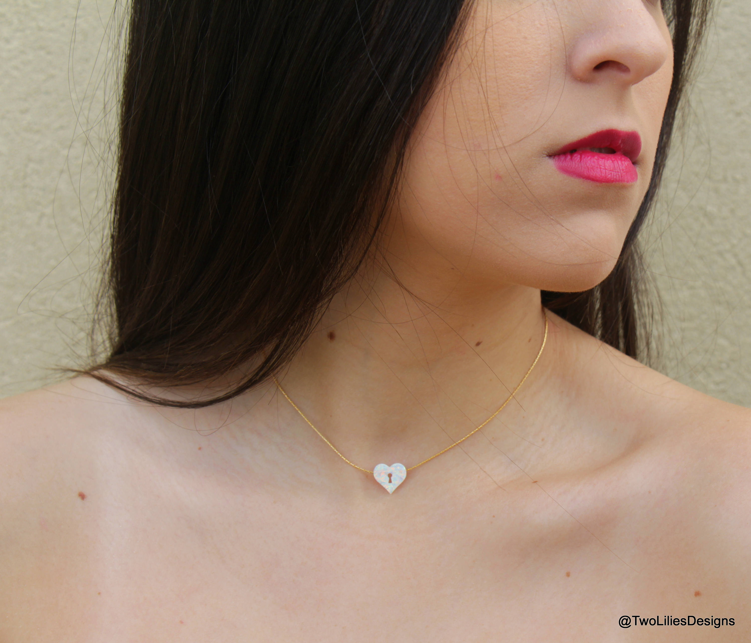 Opal Necklace Heart Lock Choker White Pink Blue Opal Stone | Etsy