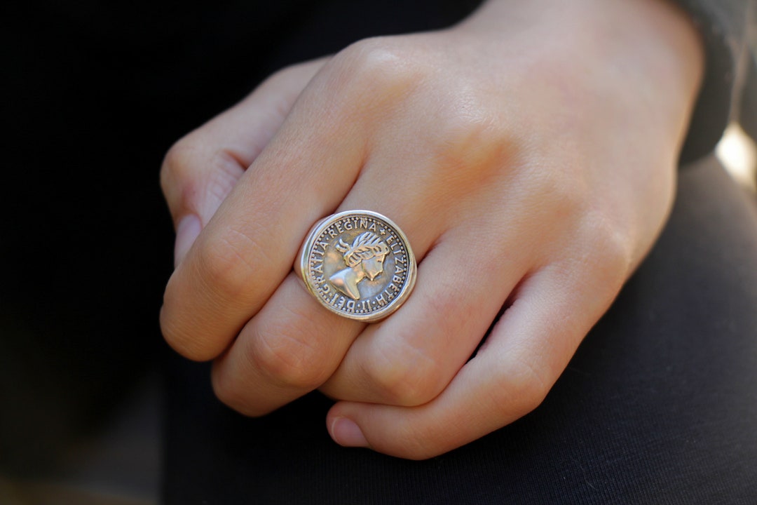 Coin Ring, Bold Silver Signet Ring, Thick Wide Round Medallion Coin ...