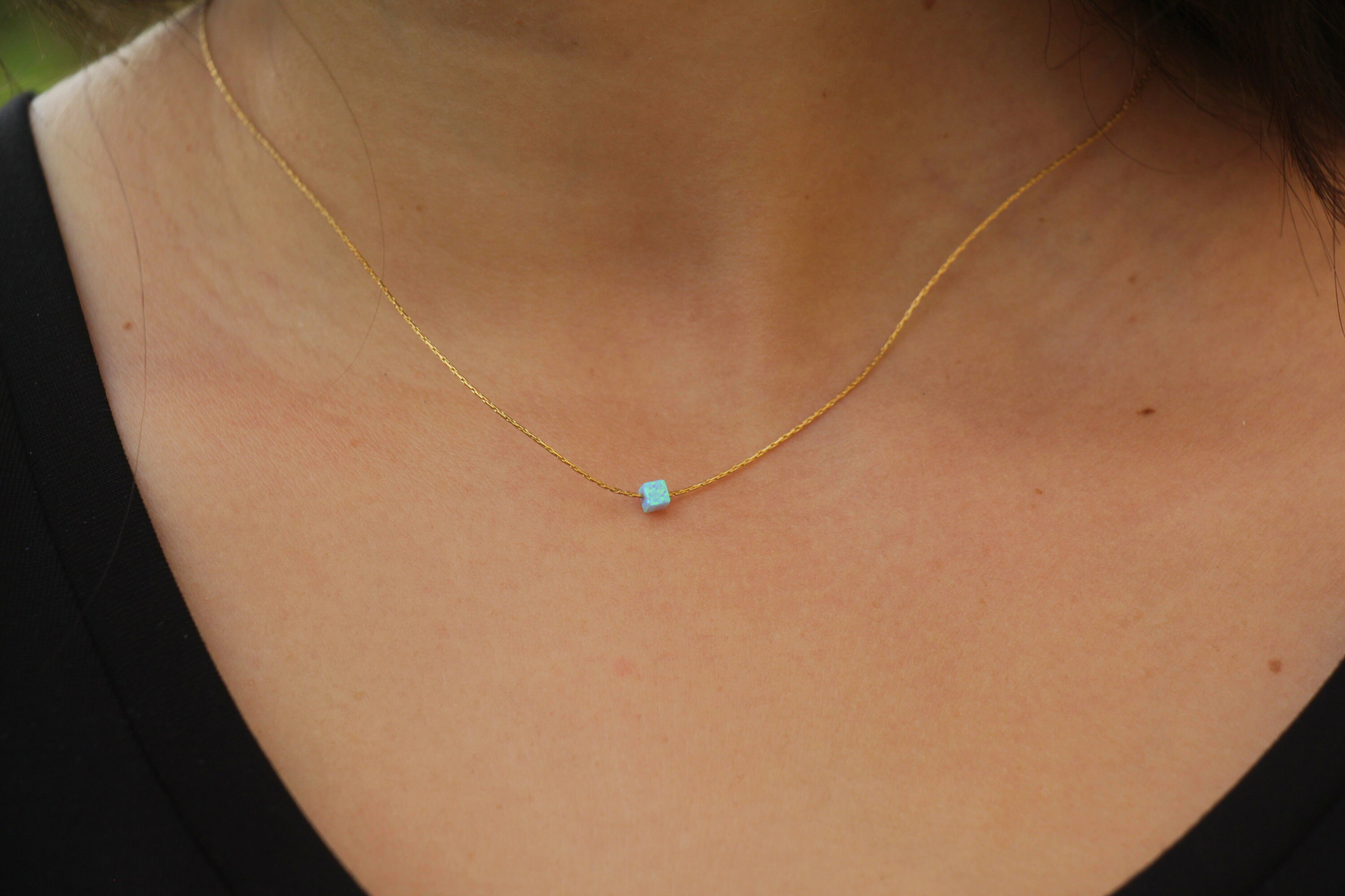 Opal Cube Necklace Tiny Single Cube Opal Jewelry Dainty Opal | Etsy