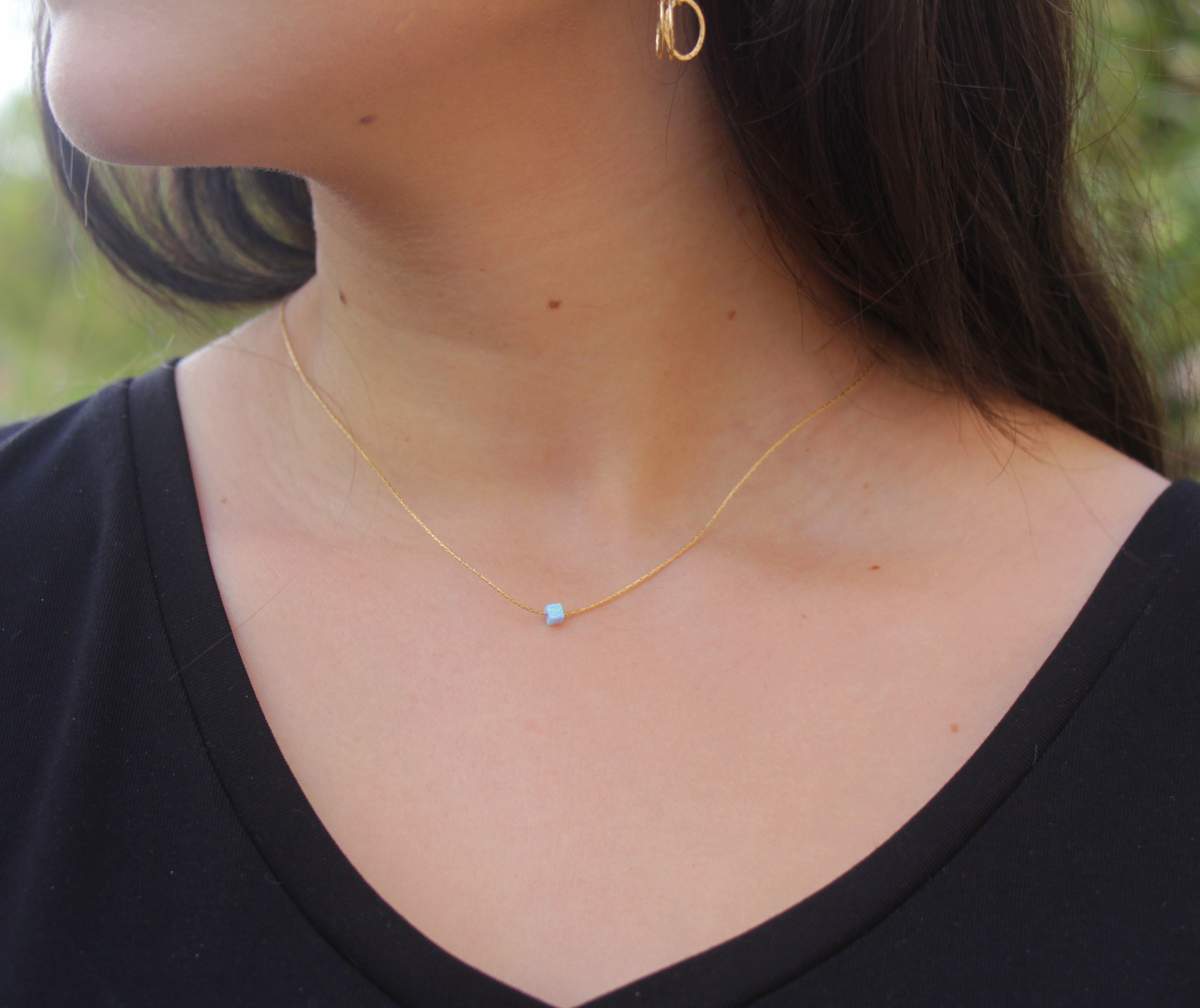 Opal Cube Necklace Tiny Single Cube Opal Jewelry Dainty Opal | Etsy