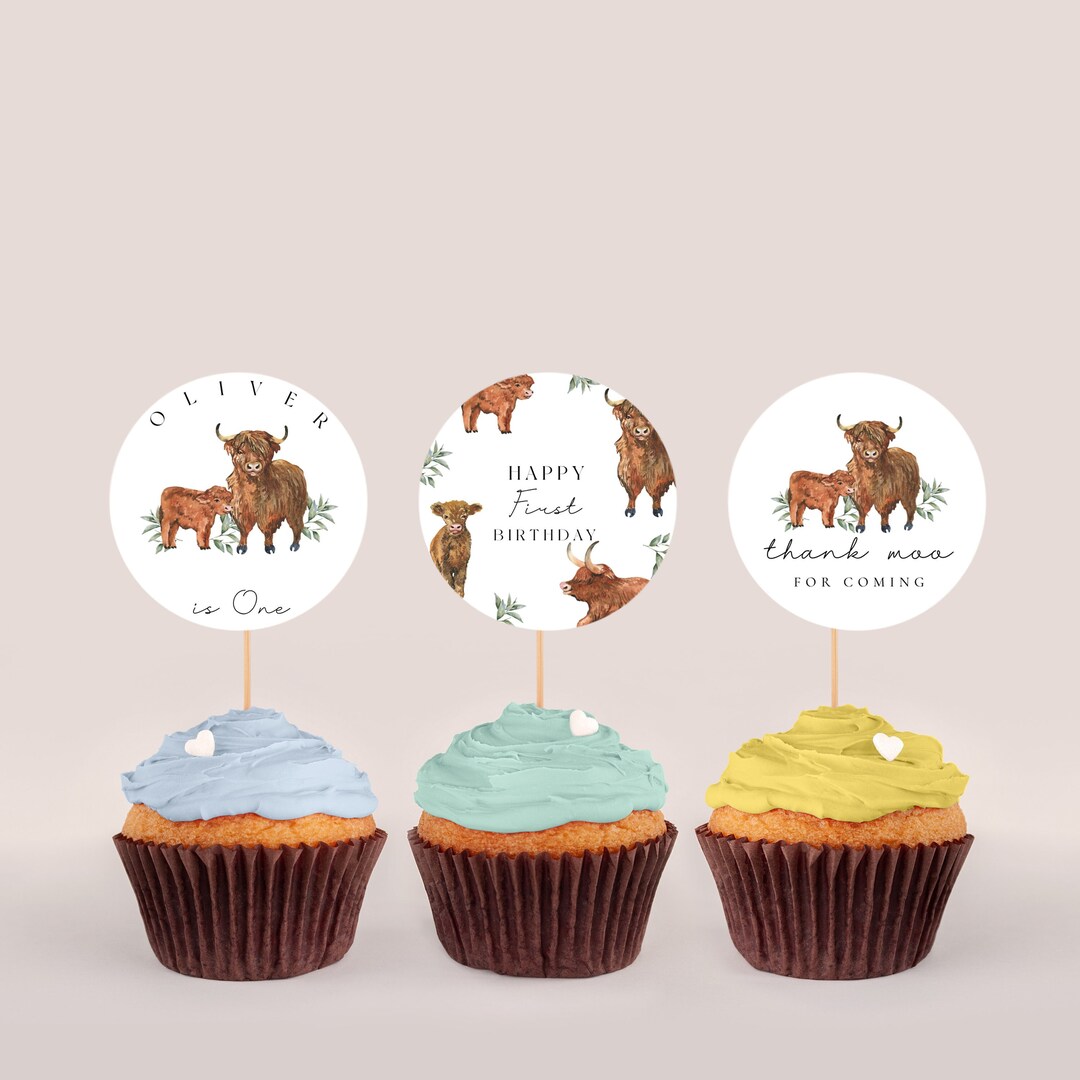 Highland Cow Cupcake Toppers - Editable Highland Cow Cake Topper ...
