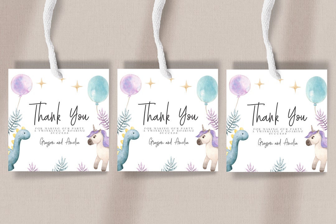 Unicorn and Dinosaur Birthday Party Favor Tag dinosaur Unicorn Decor ...