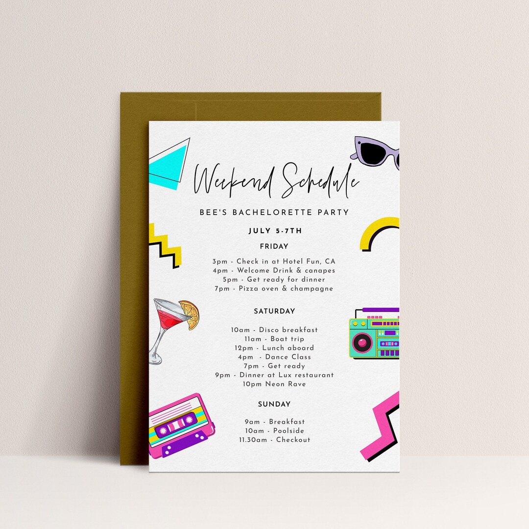 90s Bachelorette Party Itinerary Template - 90s Bachelorette Weekend ...