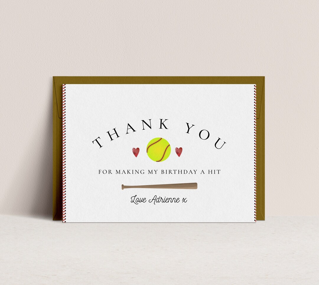 Softball Thank You Card-editable Printable Softball Birthday Thank You ...
