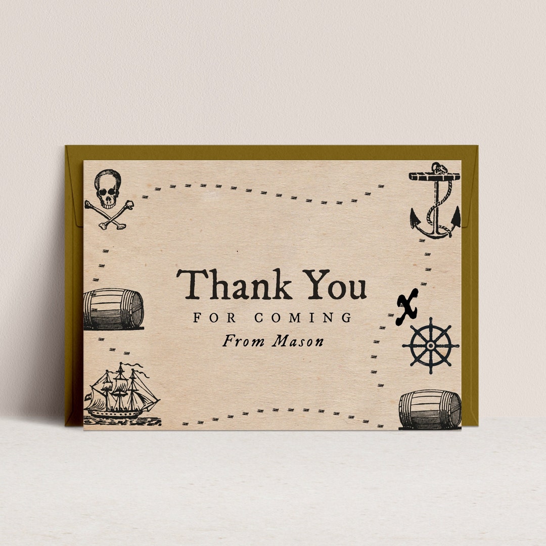 Pirate Birthday Party Supplies - Pirate Thank You Card, Pirate Decor ...