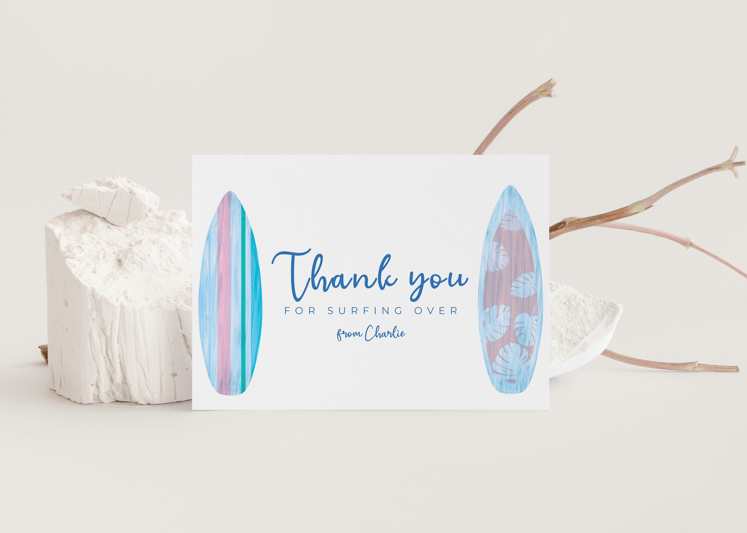 Surf Birthday Thank You Card Surfer Birthday Party Surfboard Thank