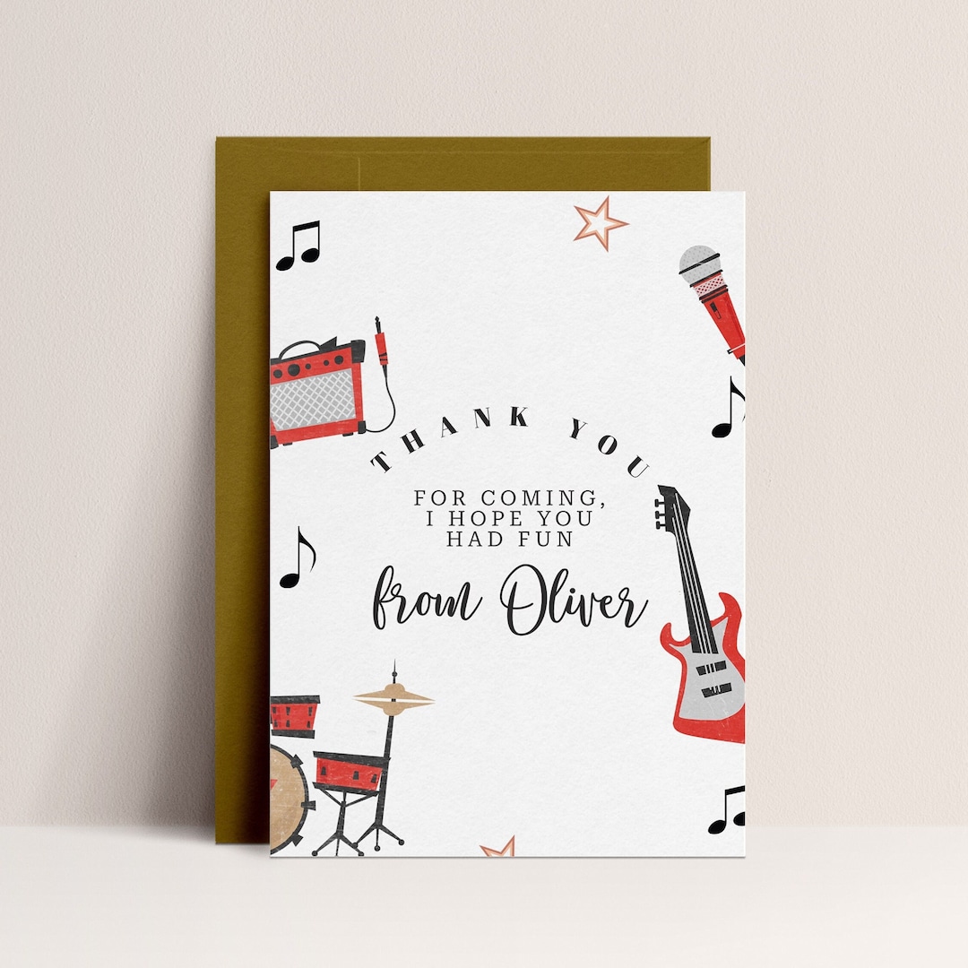 Music Birthday Thank You Card - Guitar Birthday Party, Music Birthday ...