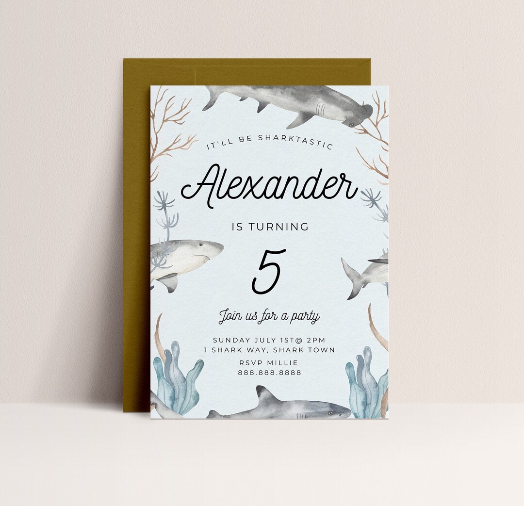 Editable Shark Invitation-shark Birthday Invitation, Shark Themed Party ...